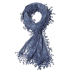 Cindy and Wendy Lightweight Soft Leaf Lace Fringes Scarf shawl for Women (Navy)