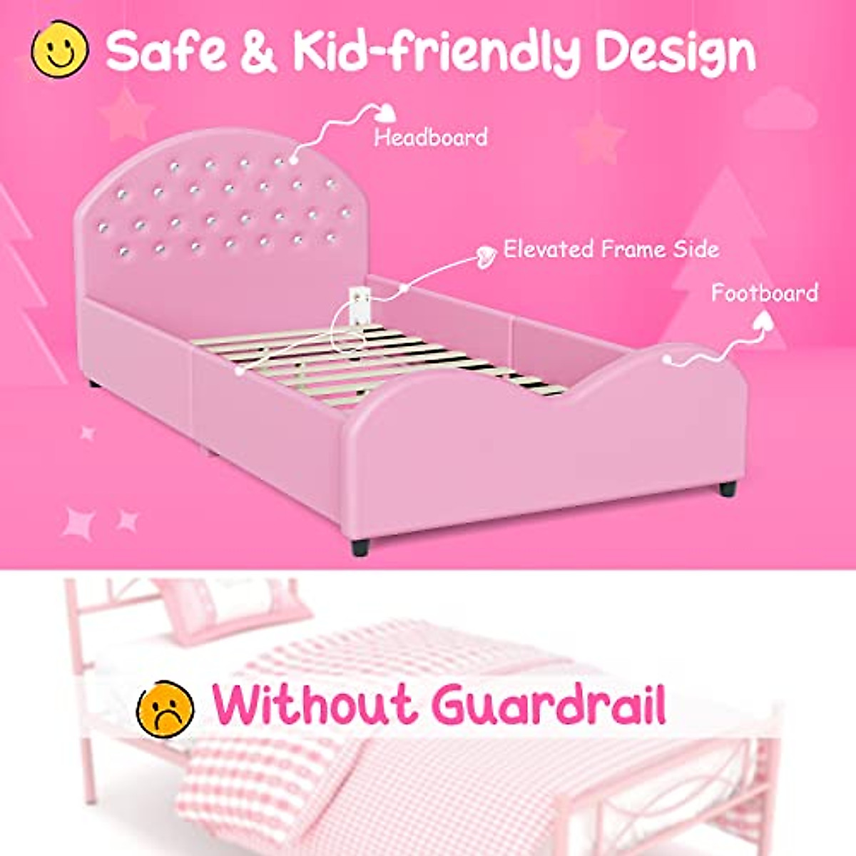 HONEY JOY Kids Twin Bed Frame with Headboard, Toddler Upholstered Platform Bed with Slatted Bed Base, No Box Spring Needed, Princess Wooden Single Bed for Baby Girls, Twin Size in Pink