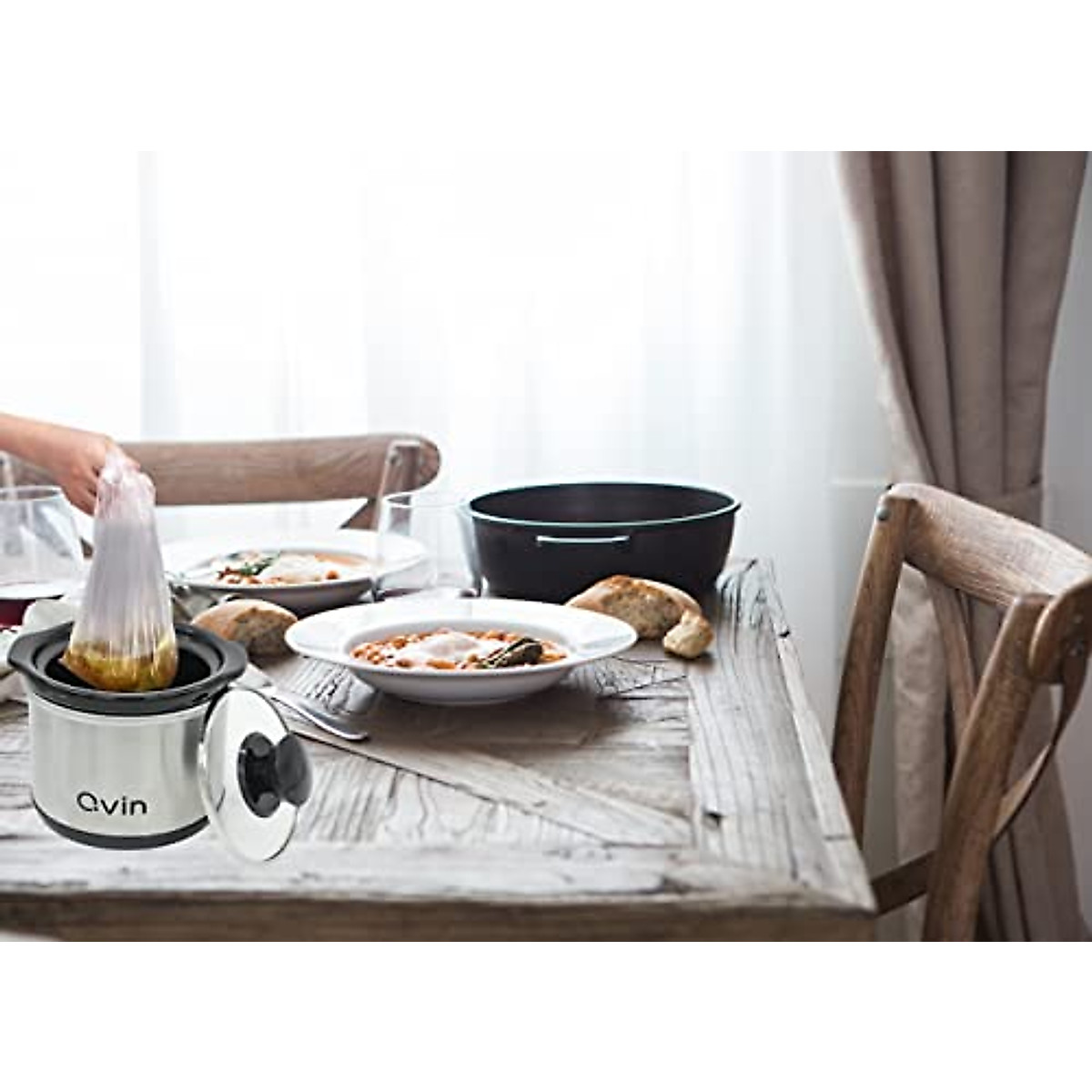 Qvin 0.65-qt Mini Round Slow Cooker 1pc + 10pcs Disposable Liners, Fondue Melting Pot Warmer with Dishwasher-safe Stoneware Crock, Glass Lid, Stainless Steel housing, BPA Free