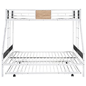 Twin Over Full Bunk Bed Frame with Trundle, Metal Bunkbed with Sturdy Guard Rail and Ladder for Girls/Boys/ Adults, No Box Spring Needed, Noise Free for Dorm, Bedroom, Guest Room (White)