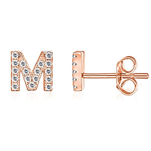 PAVOI 14K Rose Gold Plated Sterling Silver CZ Alphabet Letter Earrings | Initial Earrings for Girls | Letter M
