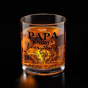 DAZLUTE Father’s Day Gifts, Papa Knows Everything Whiskey Glass, Birthday Gifts Christmas Gifts for New Dad Father Daddy Husband Men, Dad Gifts from Daughter Son Wife, 10Oz Old Fashioned Glass