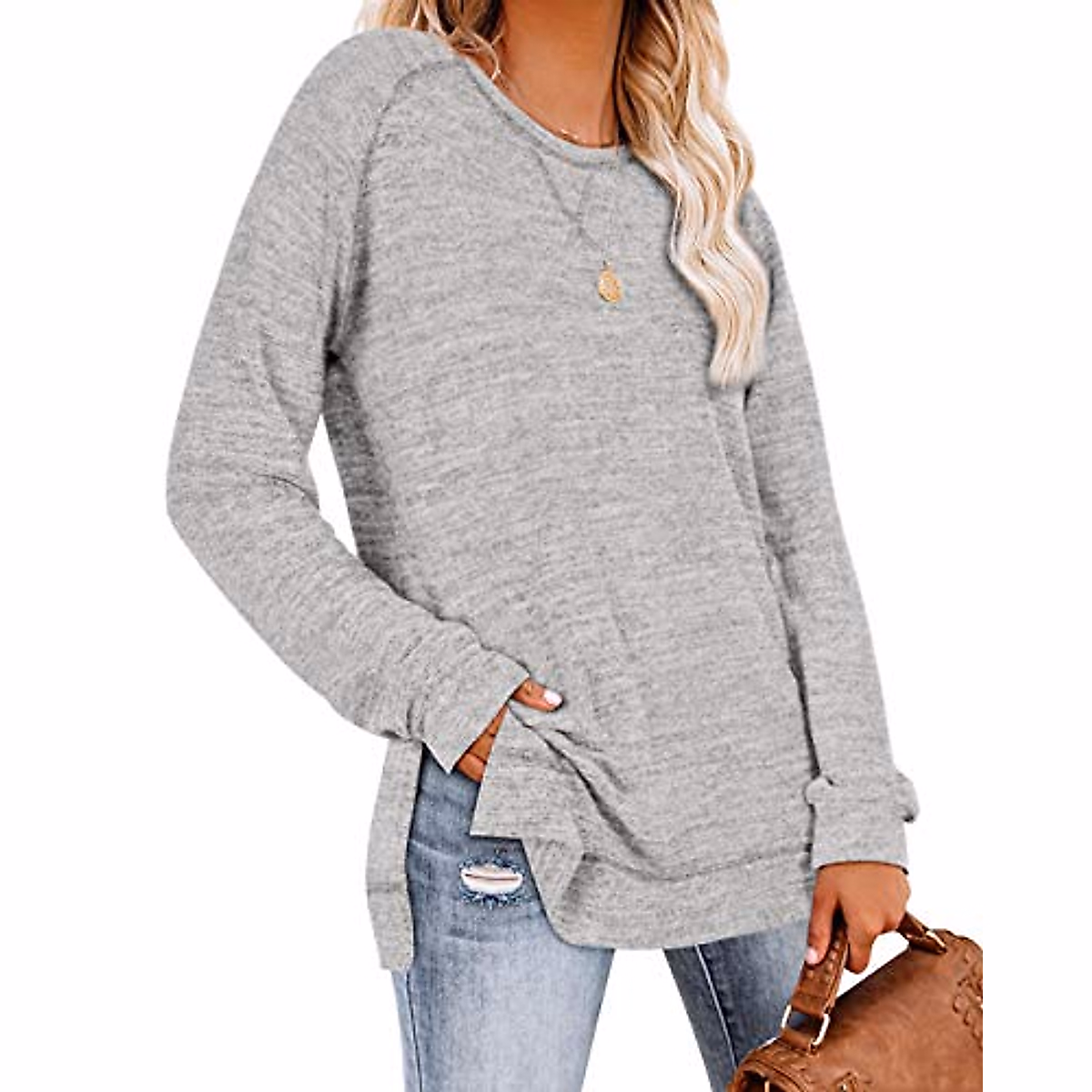 Aokosor Womens Tops 2024 Trendy Oversized Casual Sweaters Long Sleeve Shirts Light Grey L