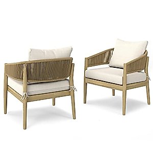 SIMPLIHOME Bayshore 28 Inch Wide Contemporary Outdoor Conversation Chair (Set of 2) in Natural Polyester Fabric, Fully Assembled, For the Living Room and Family Room