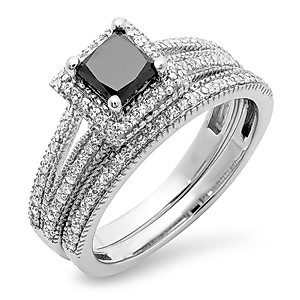 Dazzlingrock Collection 1.35 Carat (Cttw) Princess Black & Round White Diamond Split Shank Halo Wedding Ring Set for Women in 14K Solid White Gold, Size 8