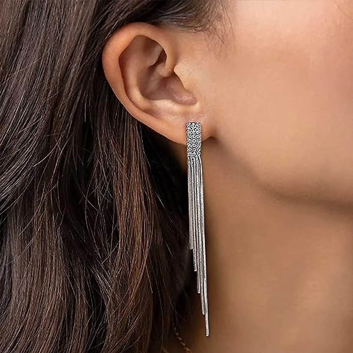 Sttiafay Vintage Rhinestone Dangle Earrings Silver Sleek Chain Drop Earrings Crystal Long Chain Tassel Earrings Sleek Metal Chain Earrings Jewelry for Women and Girls