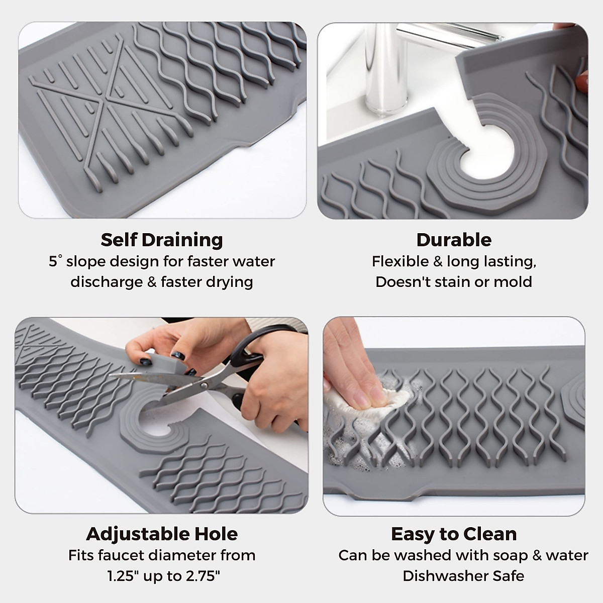 Kitchen Sink Splash Guard Behind Faucet 24 inch | Kitchen Faucet Mat Splash Guard Sink Accessories | Longer Mat, Self-Draining Inclined Slope Design, Durable, Dishwasher Safe, Adjustable Hole