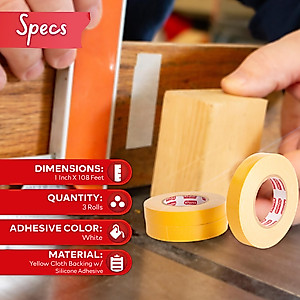 XFasten Double Sided Woodworking Tape, 1-Inch by 36-Yards, 3-Pack - Double Face Woodworker Turner's Tape for Wood Template, Removable & Residue Free
