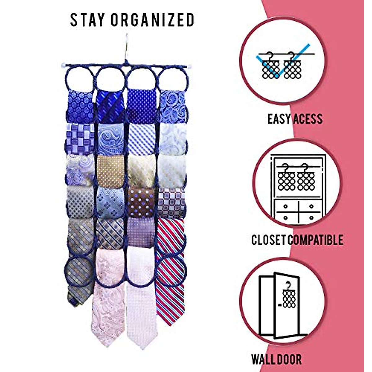 Scarf Hanger ~ Multiple Purpose Holder for Closet ~ Clutter Removing and Space-Saving Hanger for Scarves, Shawl, Belts & Accessories ~ Scarf Hanger 28 Rings (Black)