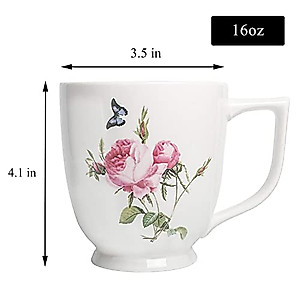 Liphontcta QCH Teagas Porcelain Floral Tea Cup Set Rose Peony Cups Coffee mugs for Women Latte Cups Set of 6/16 oz