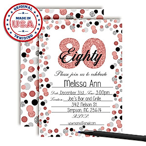 Amanda Creation Confetti Rose Gold Polka Dot 80th Birthday Party Invitations, 20 5x7 Fill-In Cards with Twenty White Envelopes