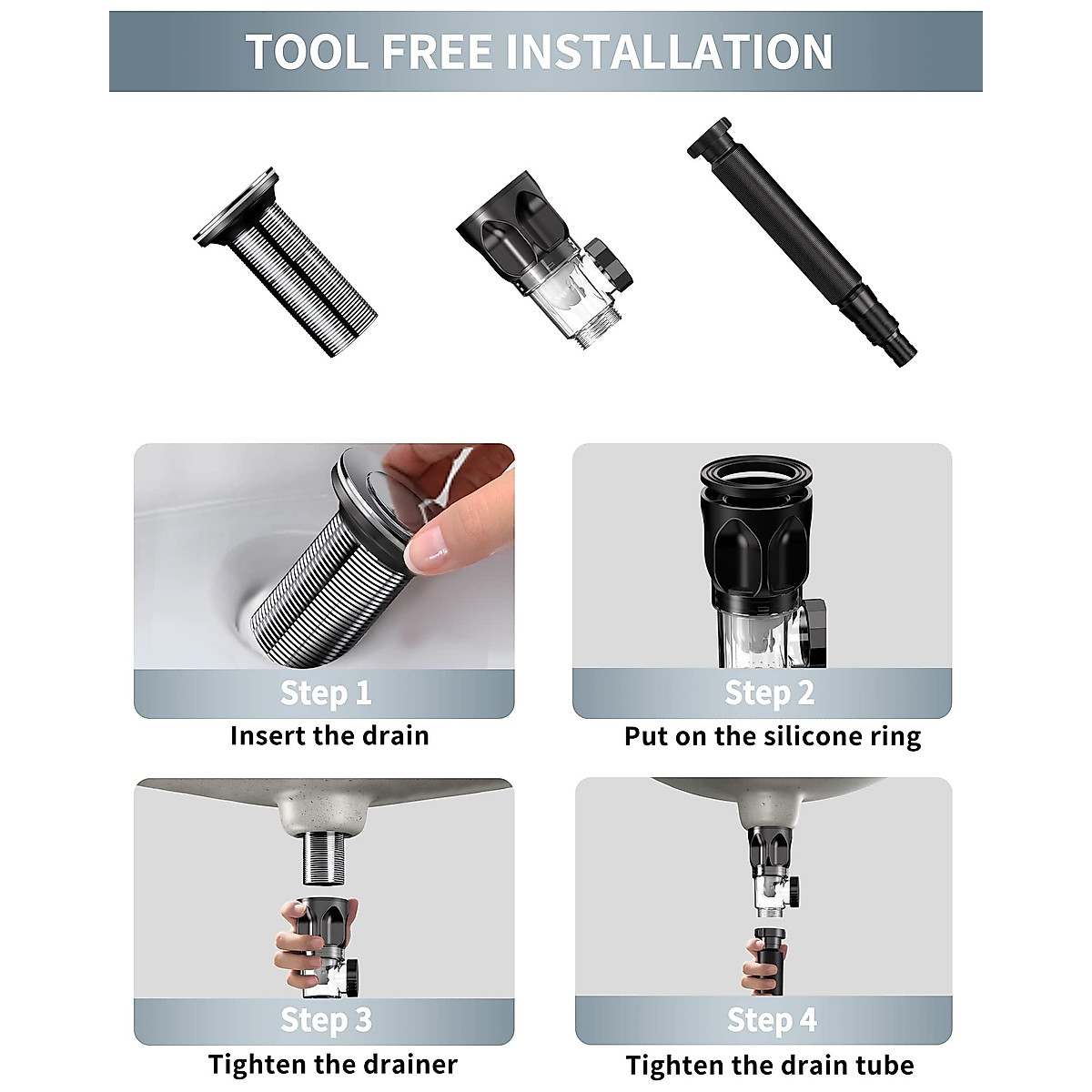 Upgraded 2 in 1 Bathroom Sink Drain Kit with Flexible P-Trap, Suitable for 1-1/4'' or 1-1/2'' PVC Drain Pipe, Pop Up Drain with Anti-clogging Sink Stopper, Ten Minutes Easily Installation