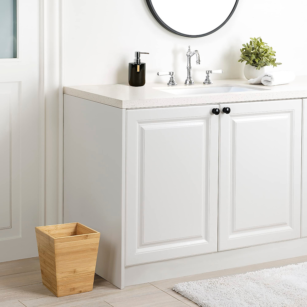 Allure Home Creation Haven Bamboo Bathroom Wastebasket Trash Can 7.87" x 7.87" x 10.00" Compact Size 1.50 gallons