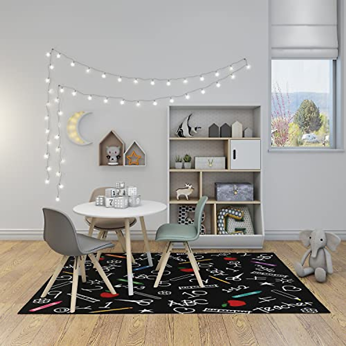 LOKMU Non-Slip Area Rugs Back to School Blackboard Chalk Drawings Crayons Markers Rulers Home Decor Rugs Carpet for Classroom Living Room Bedroom Dining Kindergarten Room 5'x7'