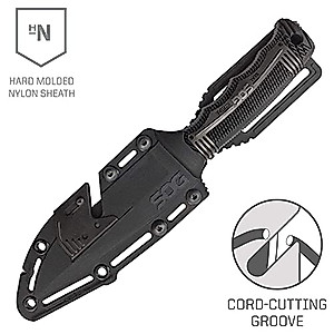 SOG Seal Strike Fixed Blade Knife with Sheath- Tactical and Hunting Knife with 4.9 Inch Partially Serrated Bowie Knife Blade and Survival Knife Line Cutter (SS1003-CP)
