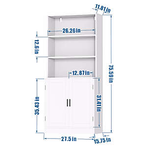 holzart 75" Tall Bookcase with Doors, 5 Tier Large Bookshelf with Cabinet, Standing Wood Display Book Shelf for Living Room, Office, Library with Doors, White