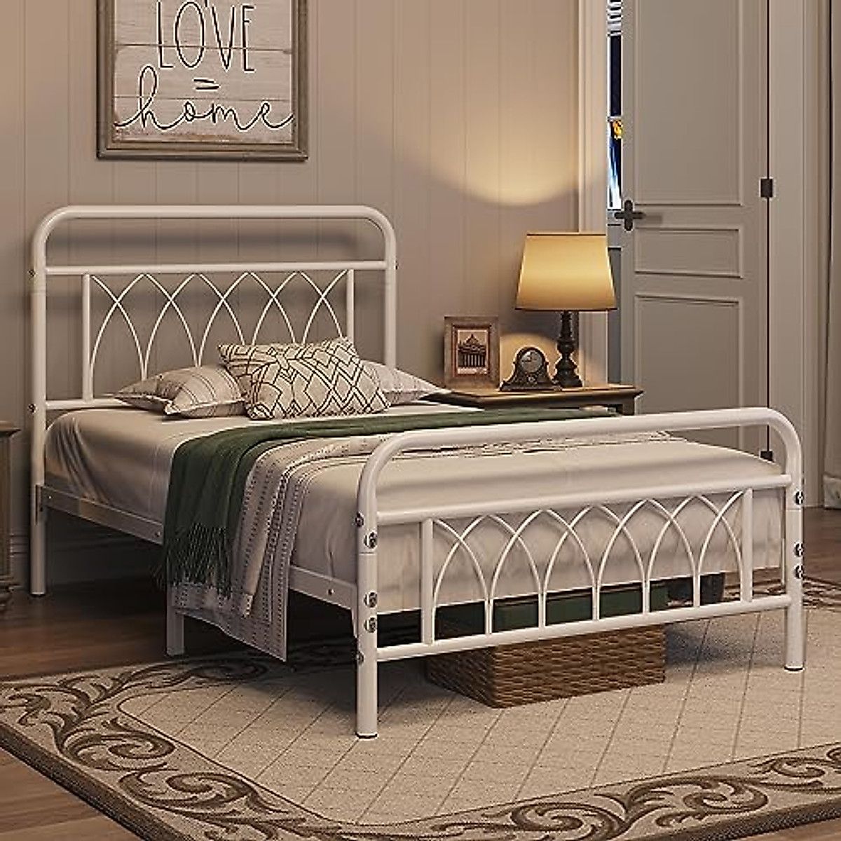 Yaheetech Twin Bed Frame Metal Platform Bed with Petal Accented Headboard/Footboard/14.4 Inch Under Bed Storage/No Box Spring Needed, White