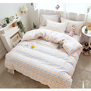 BlueBlue Rainbow Duvet Cover Set Queen 100% Cotton Bedding for Kids Boys Girls Teens Woman Colorful Geometric Check Grid 1 Rainbow Plaid Comforter Cover Full Zipper Ties 2 Pillowcases Queen