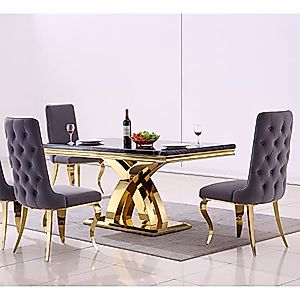 AZhome Dining Room Set, Dining Table Set for 6, Grey Velvet Upholstered Dining Chairs with Gold Stainless Steel Legs, Modern Metal Dining Table in Black Gold