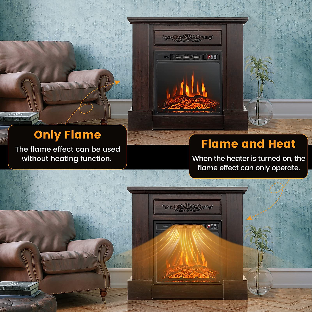 COSTWAY 32-inch Electric Fireplace with Mantel, 1400W Fireplace Heater with Remote Control, 3-Level Realistic Flame, 6H Timer, Overheat Protection, Wooden Surround Fireplace for Living Room, Brown