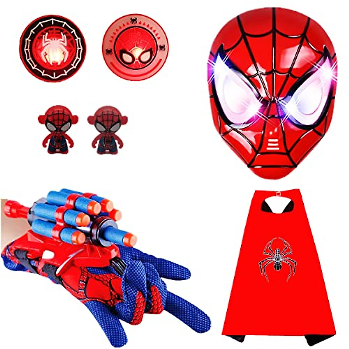 Super Hero Toys and LED Masks, Children's Superhero Clothing, Web-Shooters and Superhero Spider Badge, Suitable for Birthday Gifts, Role -Playing, Christmas