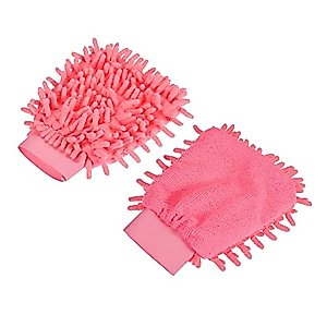 M METERXITY 2 Pcs Microfiber Wash Mitt - Chenille Reusable Gloves for Cleaning, Scratch-Free, Apply to Kitchen/House Cleaning/Cars/Mirrors(7.87 x 5.9'', Pink)