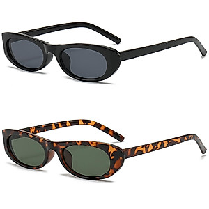 BRMHDY Elongated Narrow Cat Eye Sunglasses for Women 90s Retro Womens Oval Sunglasses Fashion Small Black Shades(Black/Grey+Tortoise/G15)