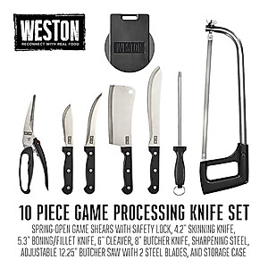 Weston 10-Piece Game Processing Knife Kit, 8" Butcher, 6" Cleaver, 5.3" Fillet, and 4.2" Skinning Knives, Adjustable 12.25" Butcher Saw, Sharpener, Shears & Storage Case, Stainless Steel (83-7001-W)