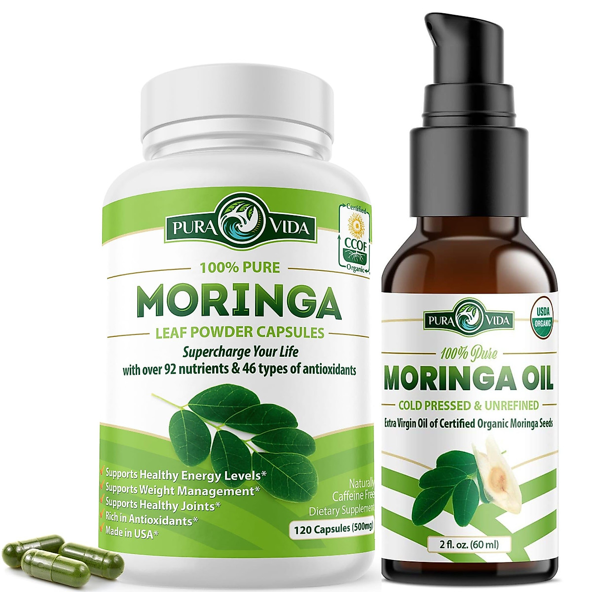PURA VIDA MORINGA Capsules (120 Count) Organic Moringa Oil (2fl oz)