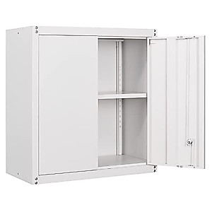 GREATMEET Metal Storage Cabinet with Lock and Doors,Steel Garage Wall Storage Cabinet,Garage Upper Cabinet,Wall Mounted Metal Cabinet for Garage, White