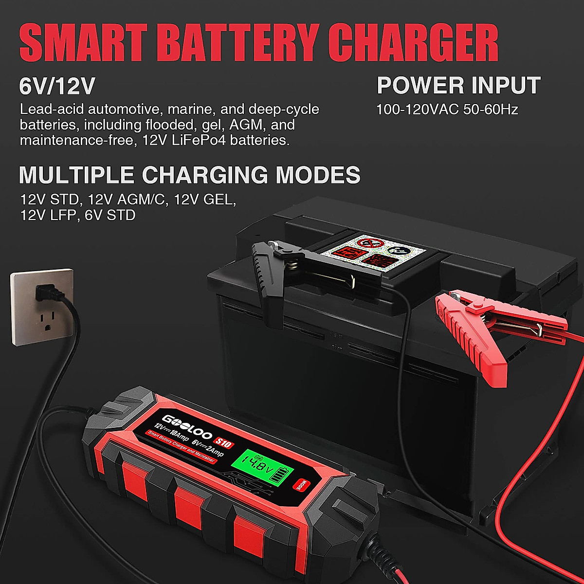 GOOLOO 10-Amp Car Battery Charger, 6V and 12V Fully Automatic Battery Charger Maintainer, Trickle Charger, Supersafe Smart Battery Desulfator for Lead-Acid Batteries(S10)