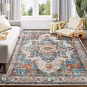 3x5 Area Rug for Living Room Bedroom: Large Washable Rug with Non-Slip Backing Non-Shedding Stain Resistant, Farmhouse Rug, Carpet for Dining Room Nursery Home Office Indoor Grey/Teal