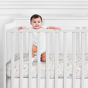 Sweet Jojo Designs Star and Moon Girl Jersey Stretch Knit Baby Fitted Crib Sheet for Soft Toddler Bed Nursery - Blush Pink, Gold, and Grey Celestial