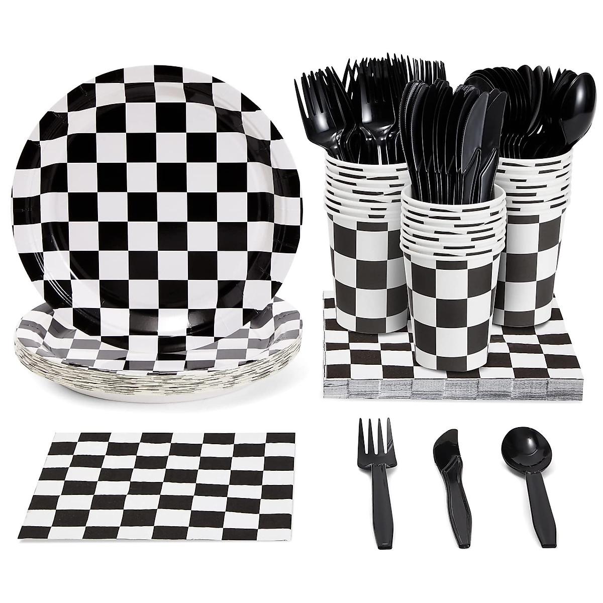 Juvale 144 Piece Race Car Birthday Party Supplies with Checkered Flag Plates, Napkins, Cups, and Cutlery (Serves 24)