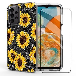 DDTKZC for Samsung Galaxy A23 5G Case，Samsung A23 5G Case Tempered Glass Protector Lustre Pattern-Sparkle 3 in 1 Clear Shockproof Case for Samsung A23 5G (Yellow Sunflower)