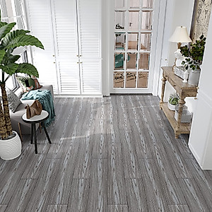 VEELIKE Grey Oak Wood Vinyl Plank Flooring Peel and Stick Waterproof Wood Grain Vinyl Floor Tiles 6''x36'' Self Adhesive Grey Laminate Tile Flooring for Bathroom Kitchen Bedroom RV (4-Pack, 6 Sq. Ft.)