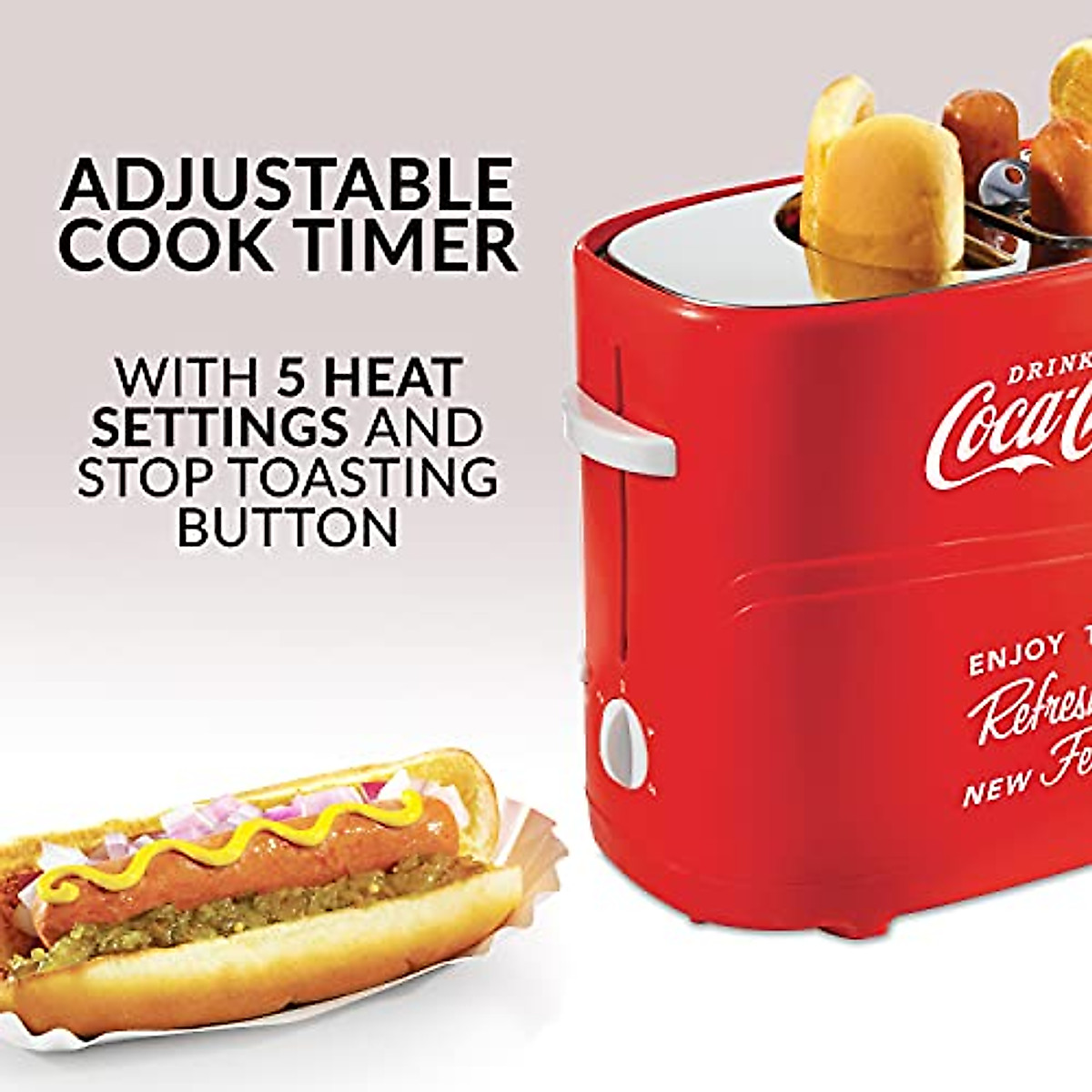 Nostalgia Coca-Cola 2 Slot Bun Mini Tongs, Hot Dog Toaster Works with Chicken, Turkey, Veggie Links, Sausages and Brats, Retro Red