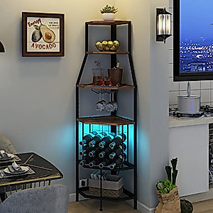 Espelism 5-Tier Corner Wine Rack Freestanding Floor with Glass Holder and Bottles Wine Storage Industrial Bar Cabinets with LED Light for Liquor and Glasses for Living Room Kitchen Home Bar