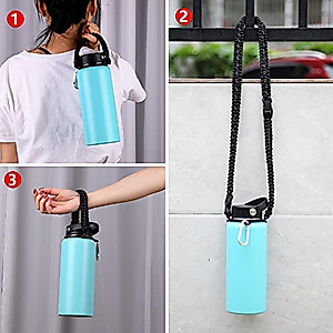 Wongeto Paracord Handle with Shoulder Strap Compatible with Hydro Flask Wide Mouth Water Bottles 12oz - 64 oz，Water Bottle Strap for Walking Biking Hiking Camping(Black 1)
