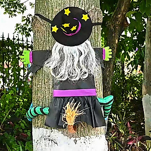 Crashing Which Into Tree Halloween Decorations Witch Decor Clearance Outdoor Hanging Funny Cute Witches with Broom Flying Crashed for Indoor Door Porch Pole Yard Lawn Garden Outside Attract Kids
