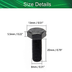 Yinpecly M8 x 20mm Carbon Steel Grade 8.8 External Hex Head Screw Bolts Metric Thread Hexagon Bolts Fastener, 25.5 x 13 x 13mm (Lx W x H) for Machinery Furniture Hardware Black 10pcs