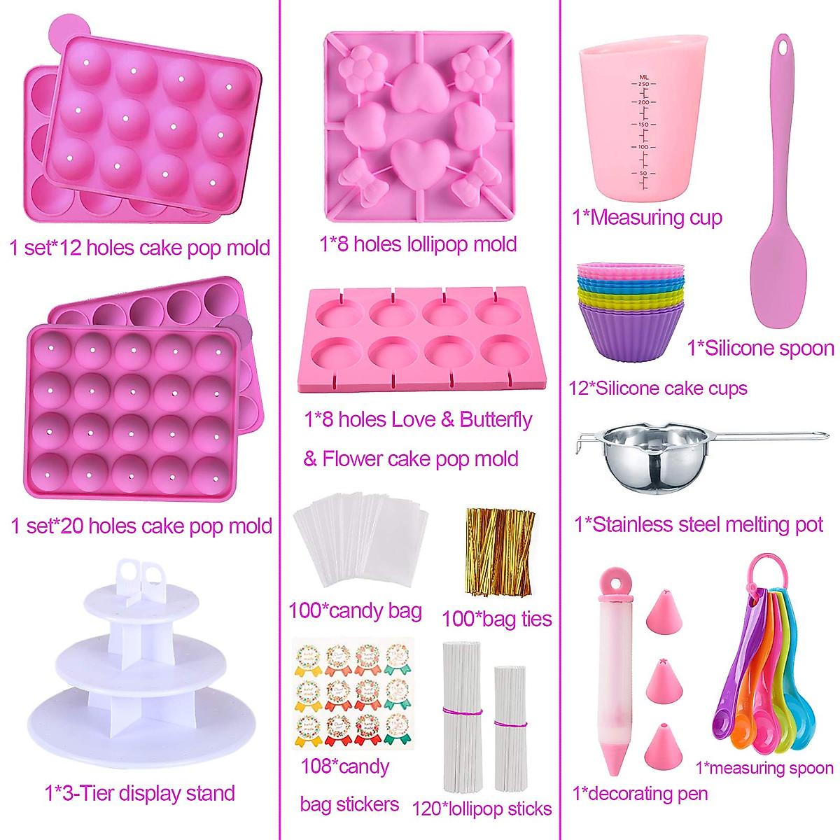 Makmeng 454Pcs Cake Pop Maker Kit - Silicone Cake Pop Set with 3 Tier Cake Pop Stand, Cake Pop Molds, Chocolate Candy Melting Pot, Lollipop Sticks and Decorating Pen - Kids Baking Gifts Set for Kids