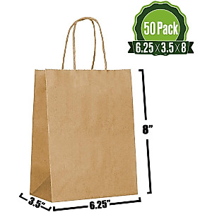 Paper Bags with Handles Bulk 6.25 X 3.5 X 8 [50 Bags] Ideal for Shopping, Packaging, Retail, Party, Craft, Gifts, Wedding, Recycled, Business, Goody and Merchandise Kraft Bag (Brown)