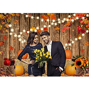 LYWYGG 7x5FT Fall Thanksgiving Photo Backdrop Autumn Retro Board Backdrops Wooden Fence Haystack Pumpkin Photo Background Thanksgiving Party Decorations Studio Photography Props CP-367 Yellow