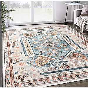 Abani Geometric Medallion 6'x9' Area Rug, Beige & Teal Rugs Azure Collection Accent Rug