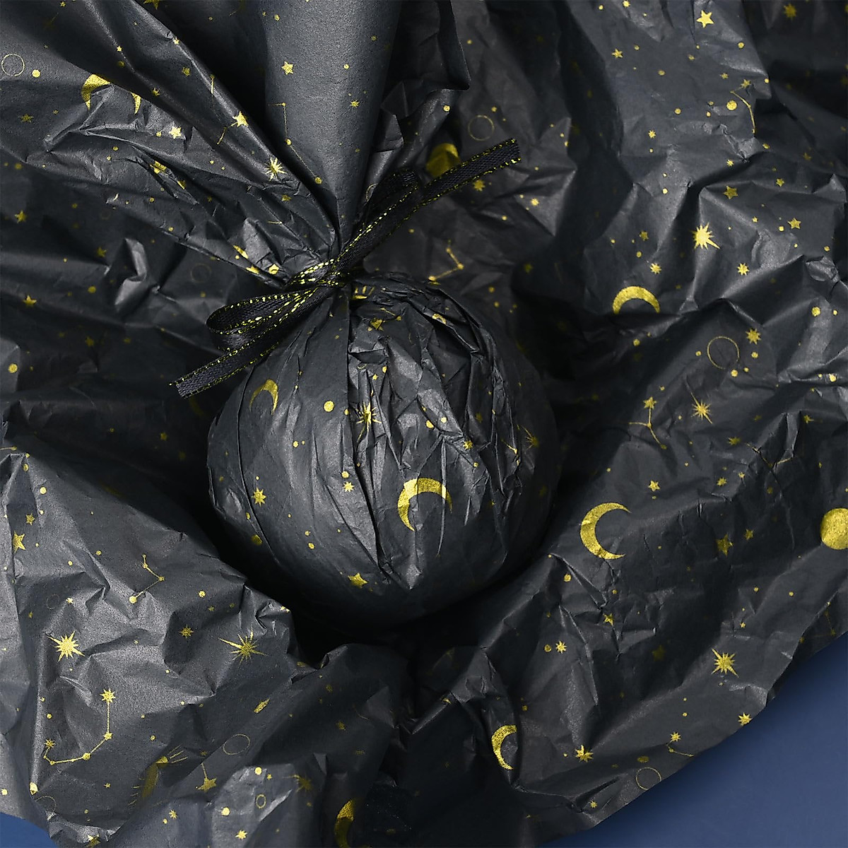 100 Sheets 20 * 14 Inches Galaxy Tissue Paper for Gift Wrapping, Black Gold Moon Star Printed Tissue Paper for Gift Bags for Birthday Christmas Baby Shower DIY Craft