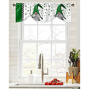 Tie-Up Valance Curtains for Window - St. Patrick's Day Cute Gnome Elves Shamrock Clover Gold Coin Black White Plaid Kitchen Valance - Light Filtering Valance Short Curtains with Adjustable Tie 54x18In