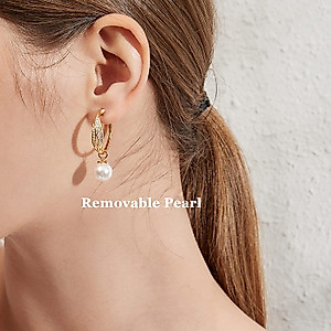 Pearl Hoop Earring Pearl Diamond Earrings Pearl Dangle Earrings Sterling Silver Pearl Earrings for Women Wedding Pearl Earring Huggies Large Gold Pearl Dangling Earring with Pearl 10MM