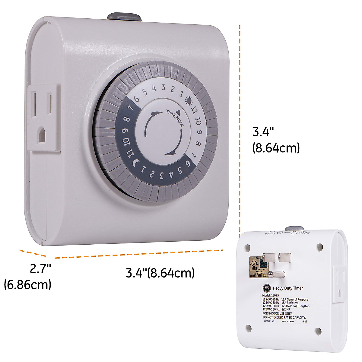 GE 24-Hour 2 Grounded Outlets Mechanical Outlet Timer, Timers for Electrical Outlets Indoor, Light Timers Indoor, Daily ON/OFF Cycle, Lamp and Christmas Light Timer, Indoor Light Timer, 15075