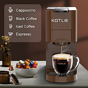 KOTLIE Single Serve Coffee Maker, 4 in1 Espresso Machine for Nespresso Original/K cups/L'OR/Ground Coffee/illy Coffee ESE, 19Bar Espresso Maker, 1450W Fast Heat Coffee Machine(Coffee)